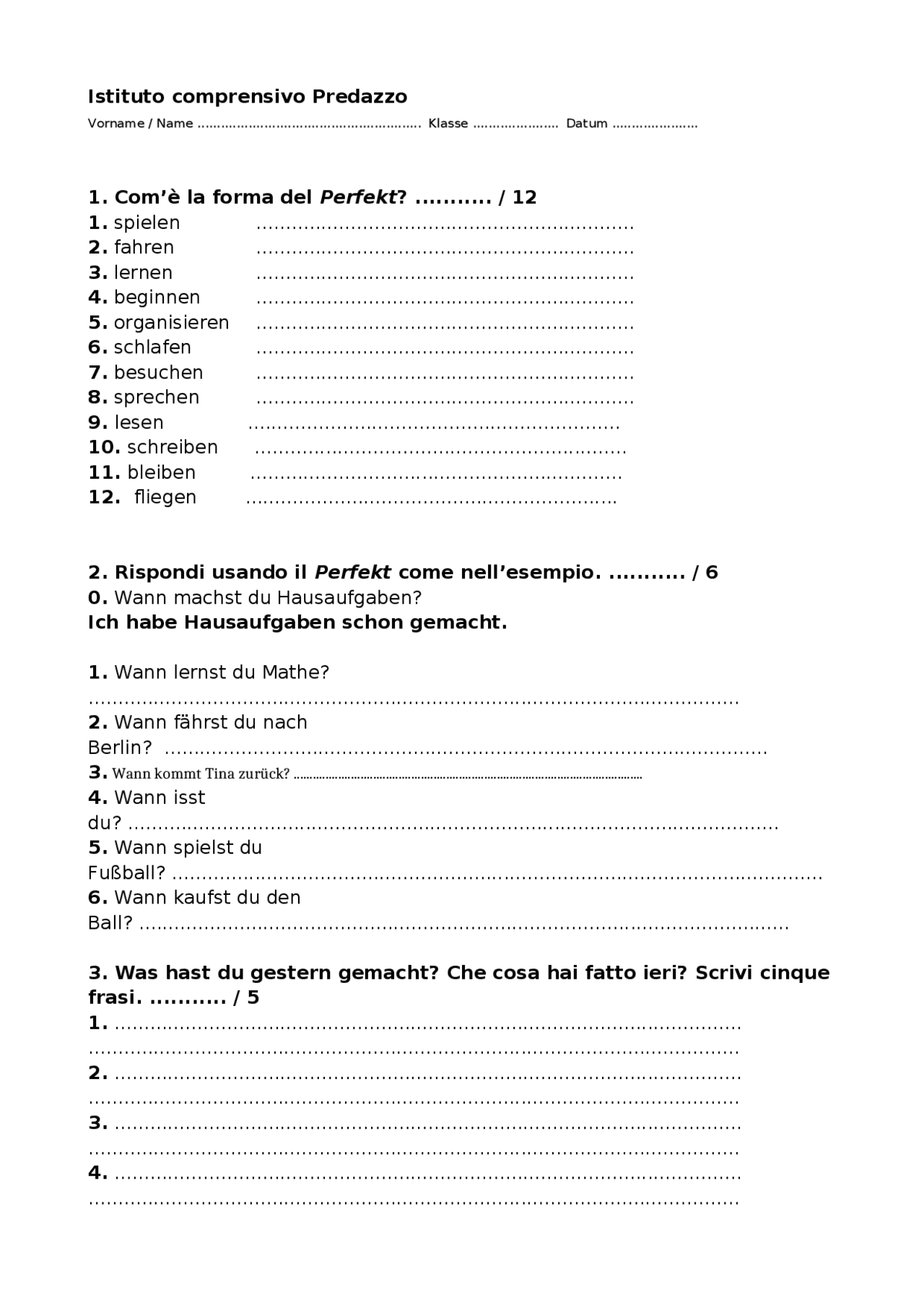 Esercizi Perfekt verbi regolari ed irregolari | Esercizi di Tedesco ...